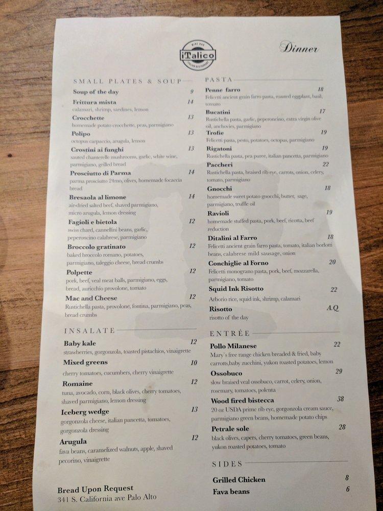 Menu at Italico Ristorante Pizzeria, Palo Alto