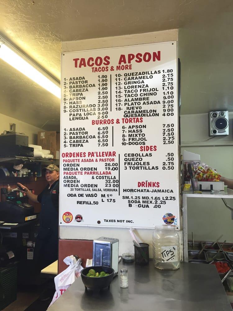 Menu at Los Tacos Apson restaurant, Tucson, S 12th Ave