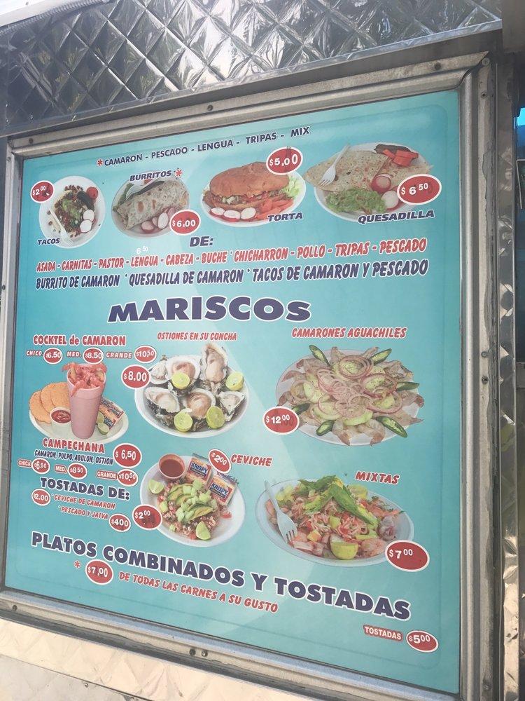 Menu at Mariscos El Sabroso truck restaurant, Los Angeles