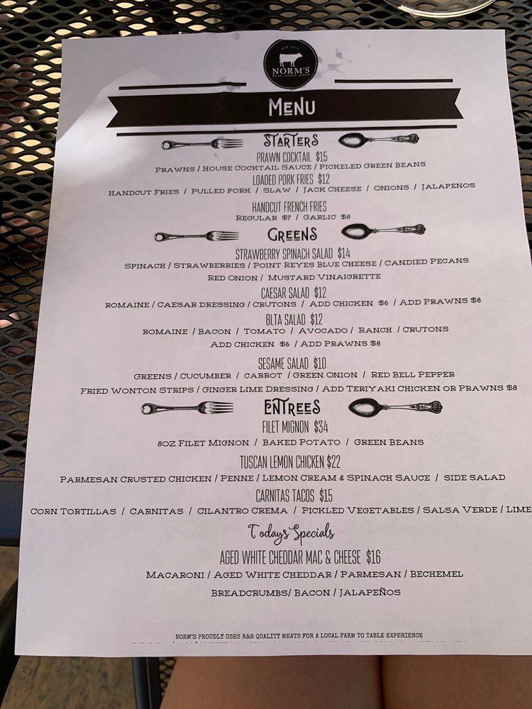 Menu at Norm’s restaurant, Palo Cedro