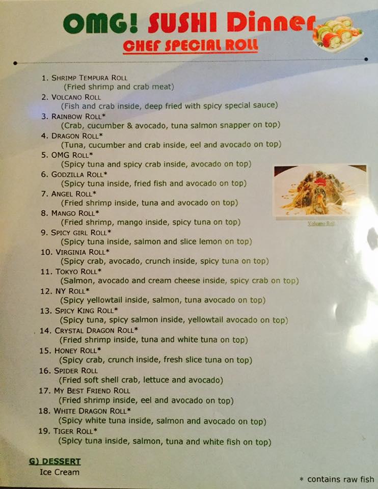 Menu at OMG Sushi restaurant, Newport News