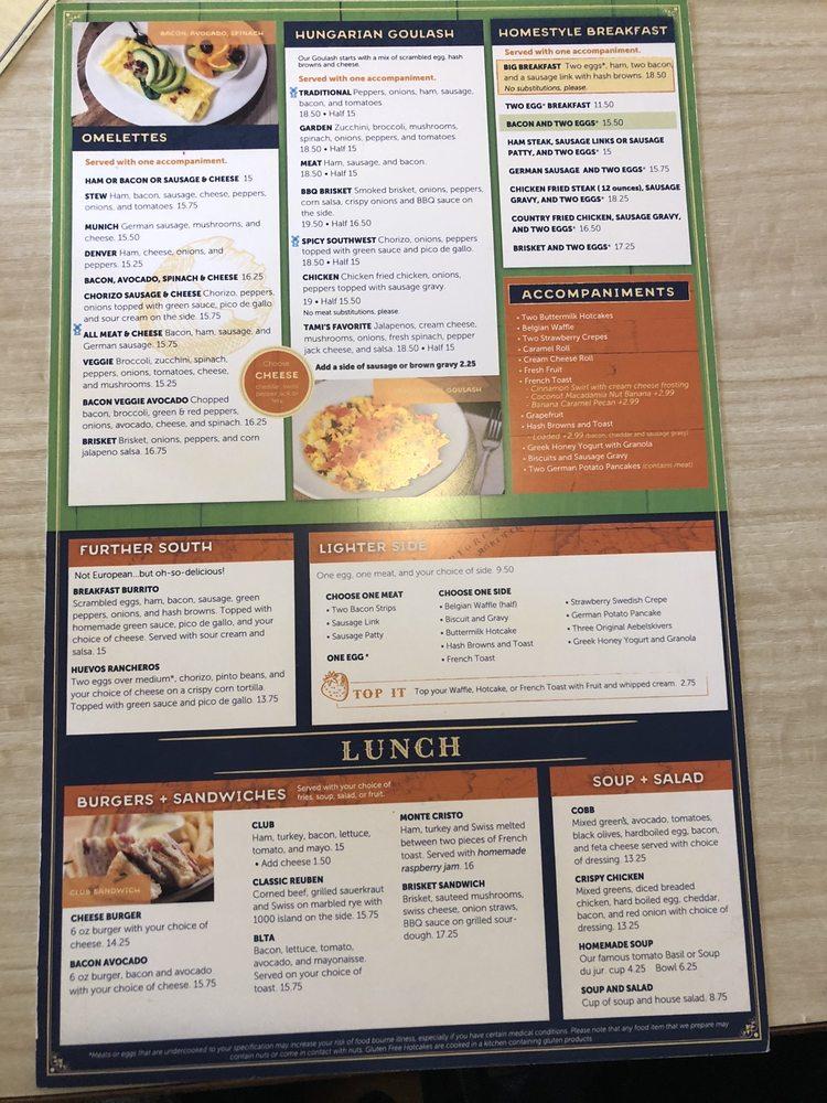 Menu at Old European restaurant, Spokane