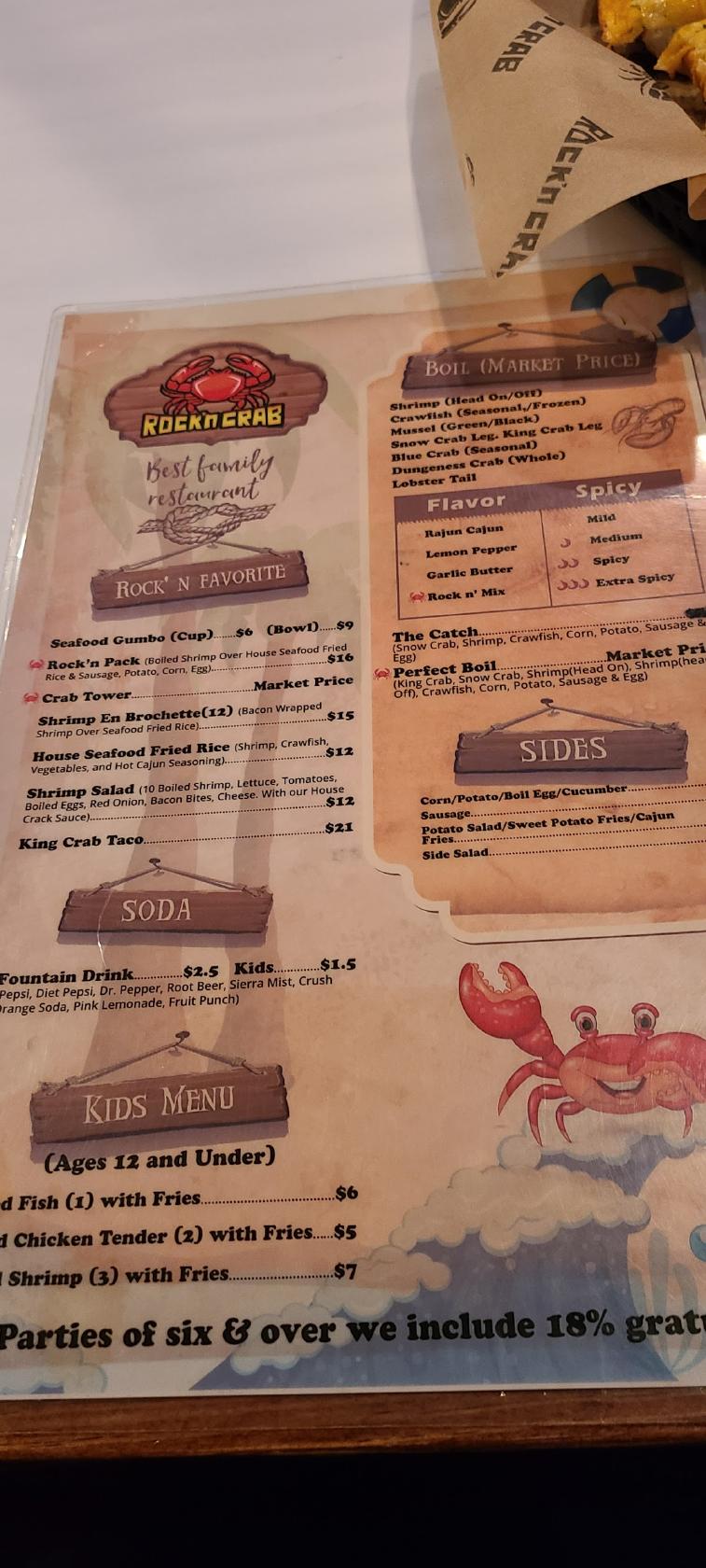 Menu at Rock'n Crab restaurant, Beaumont