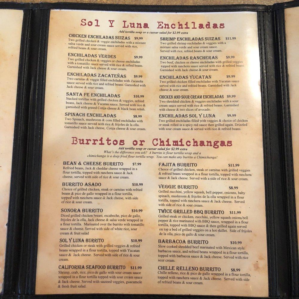Menu at Sol Y Luna Cali-Mex Grill & Bar, Hendersonville, Brevard Rd