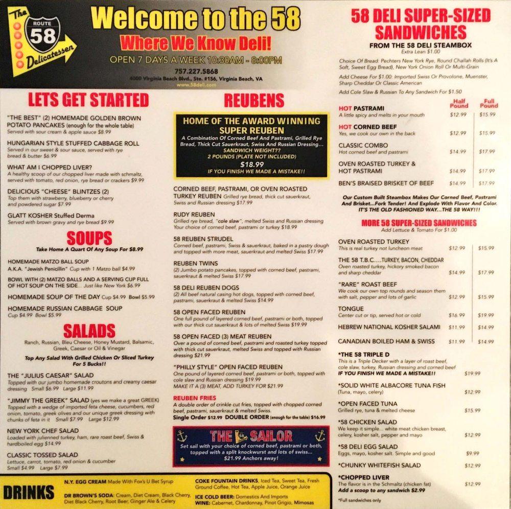 Menu at The Route 58 Deli restaurant, Virginia Beach