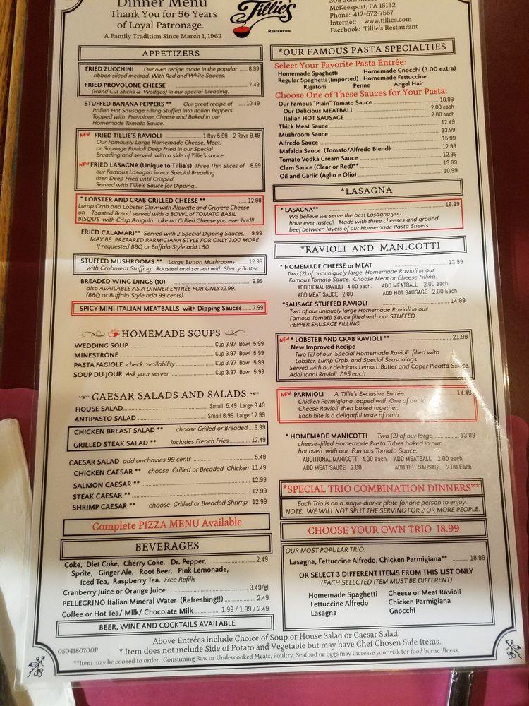 Menu at Tillie's Restaurant, McKeesport