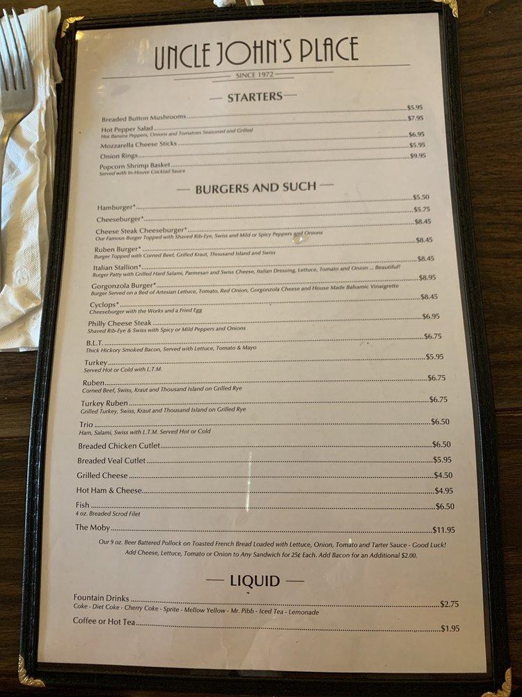 Menu at UNCLE JOHN’S PLACE restaurant, Mansfield