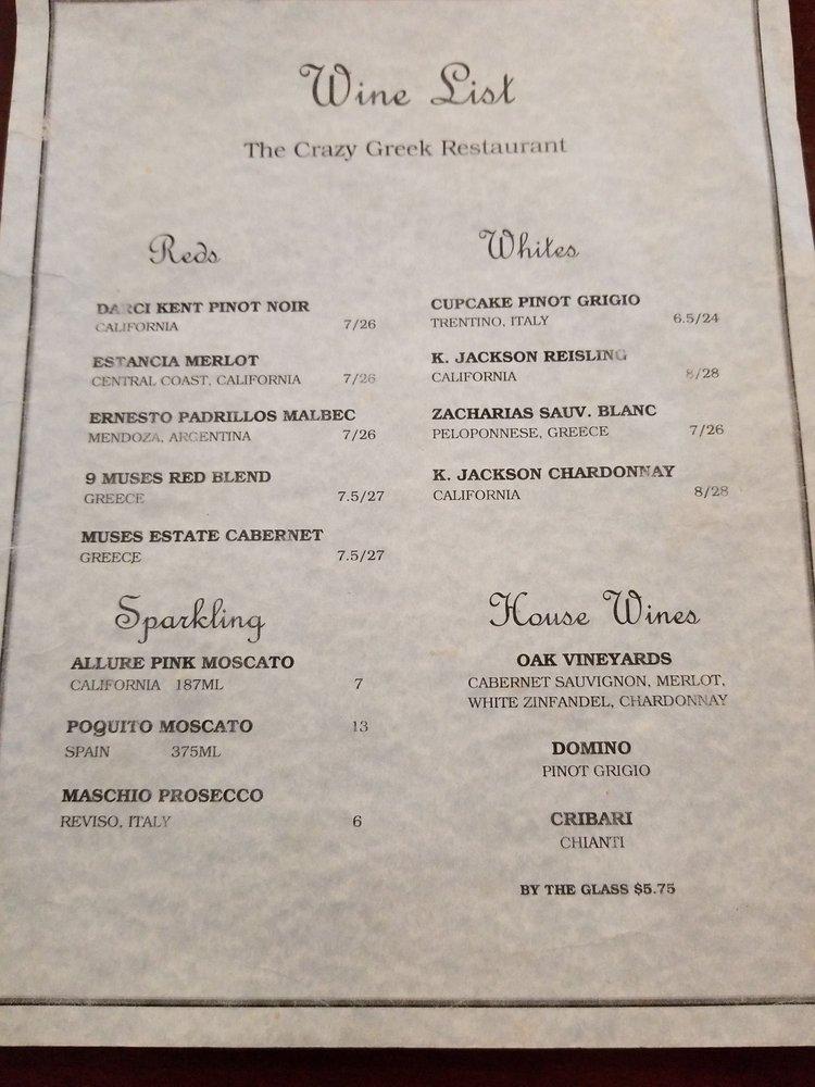 Menu at Crazy Greek restaurant, Woodlake