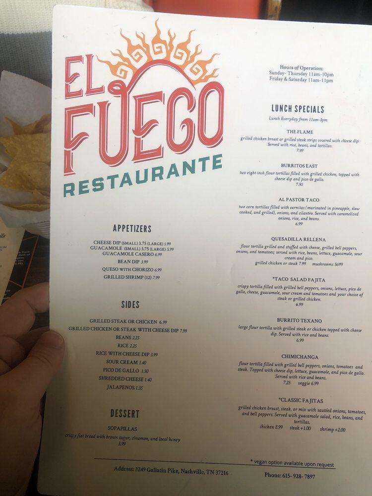Carta de El Fuego Restaurant, Nashville