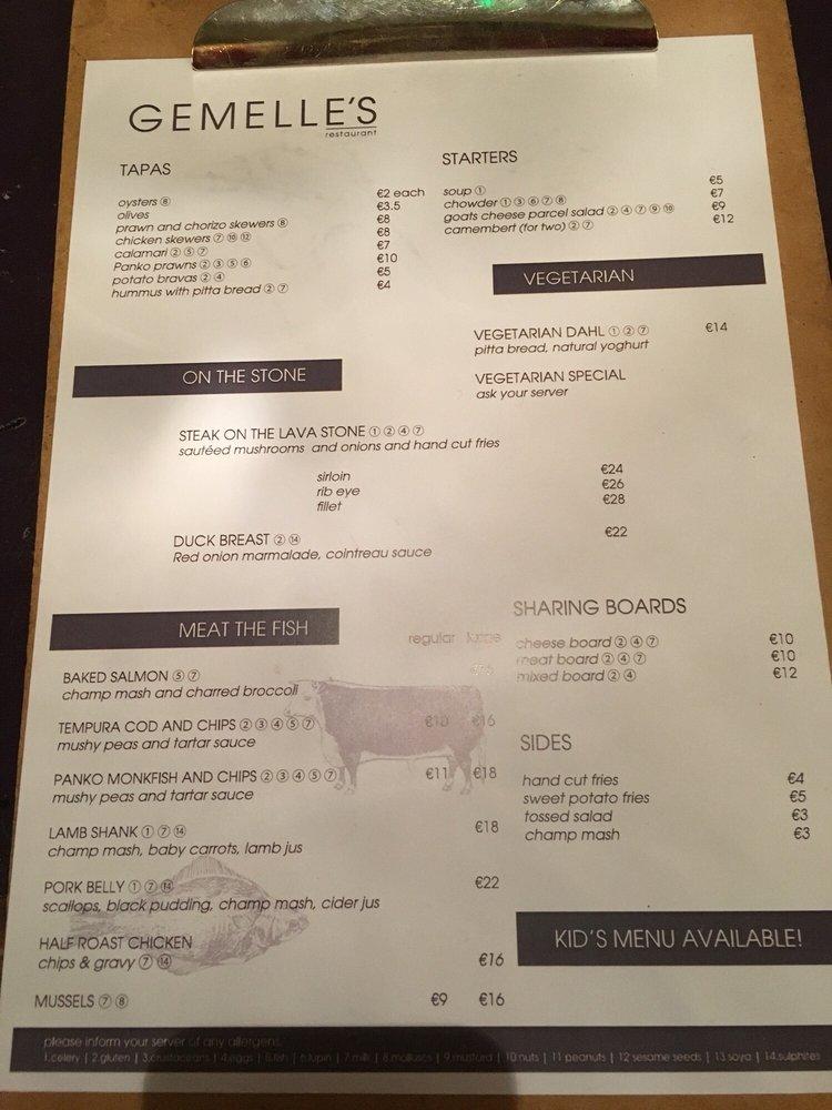 Menu at Gemelle's restaurant, Galway