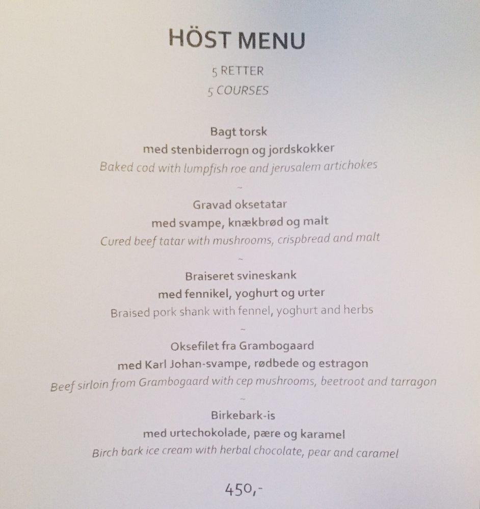 Menu at Høst restaurant, Copenhagen