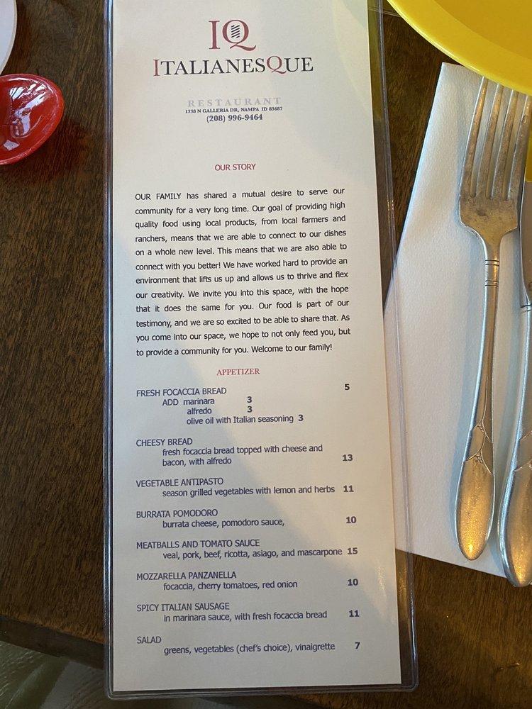 Menu at Italianesque restaurant, Nampa