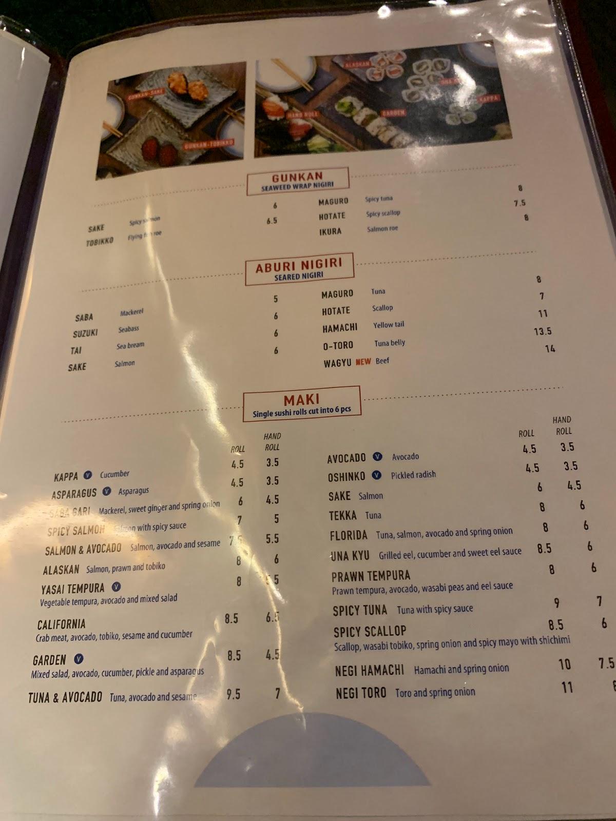 Menu at Maguro restaurant, London