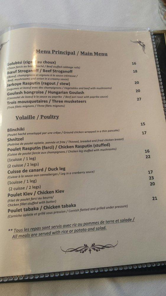 Carta del restaurante Rasputin, Montréal