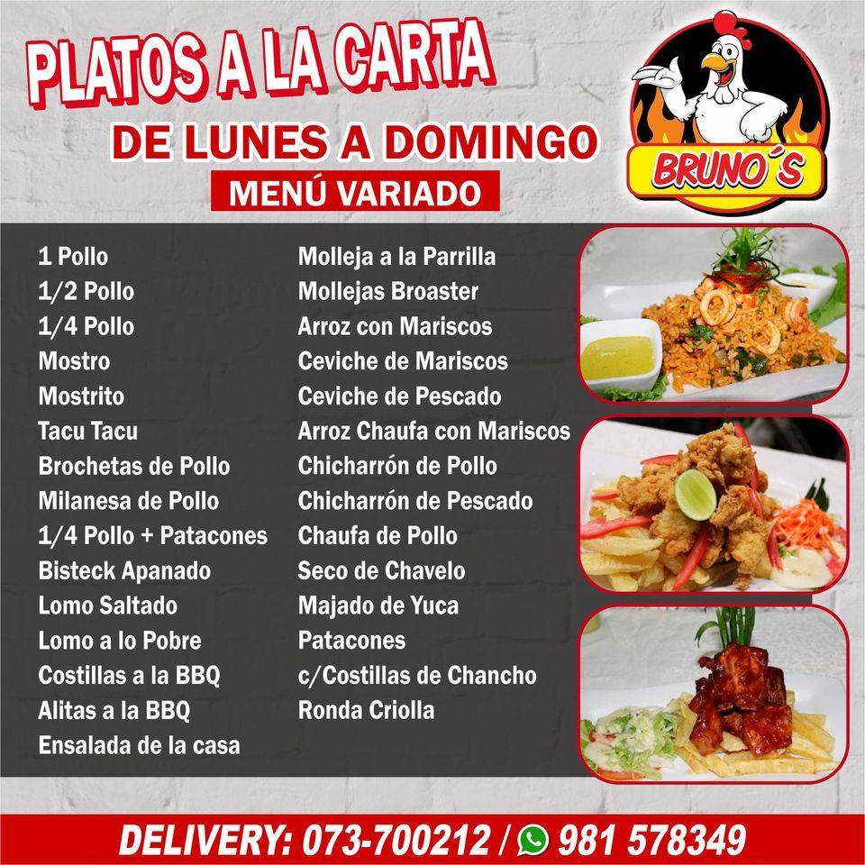 Menu at Bruno's restaurant, Piura, Av. Santa Rosa Mz. I 1 lote 3