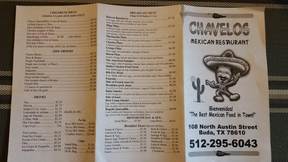 Menu at Chavelo's Mexican Restaurant, Buda