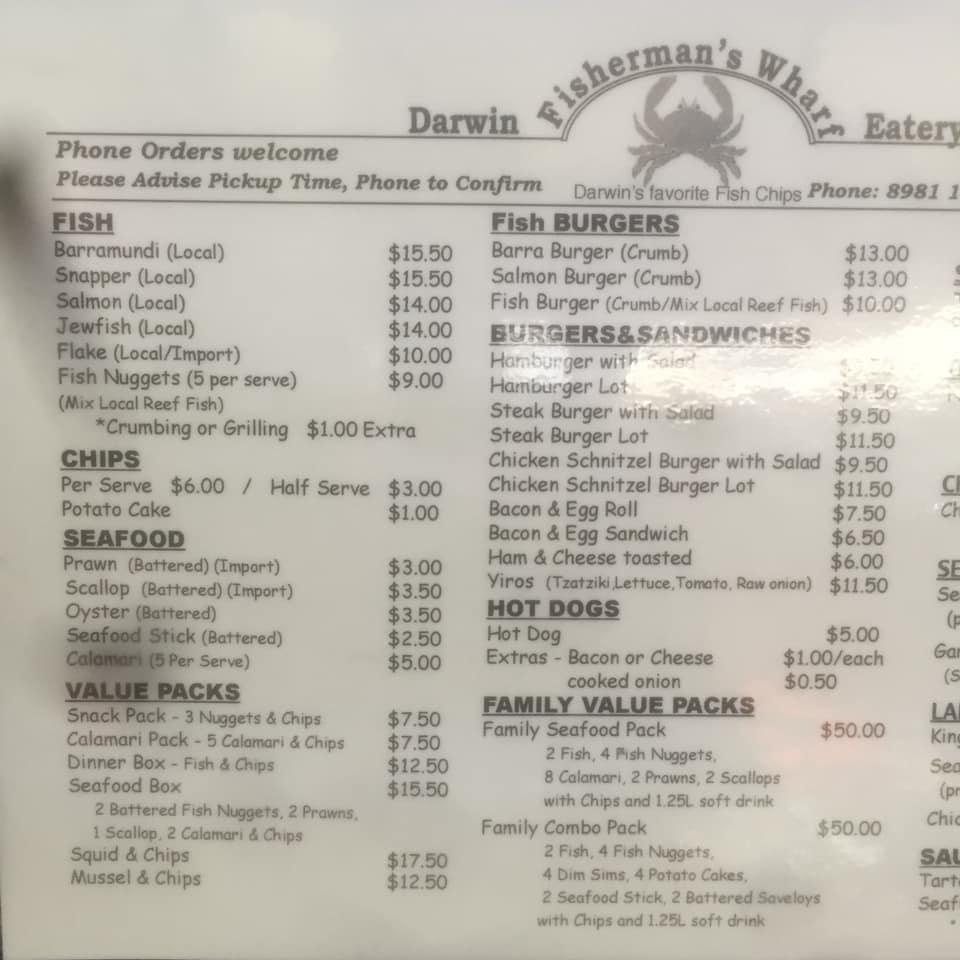 Menu at Darwin Fisherman's Wharf Eatery restaurant, Darwin City