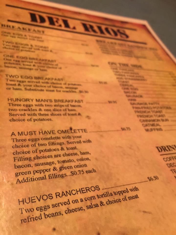 Menu at Del Rios restaurant, Winkler