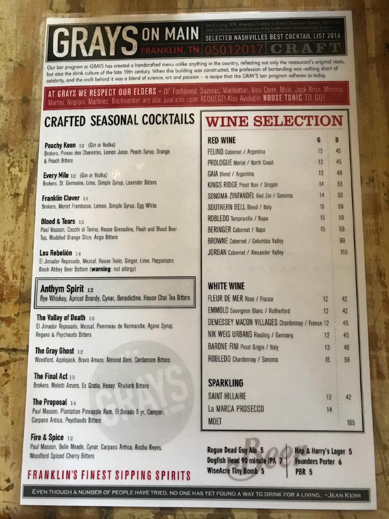 Menu at GRAYS on Main pub & bar, Franklin, 332 Main St