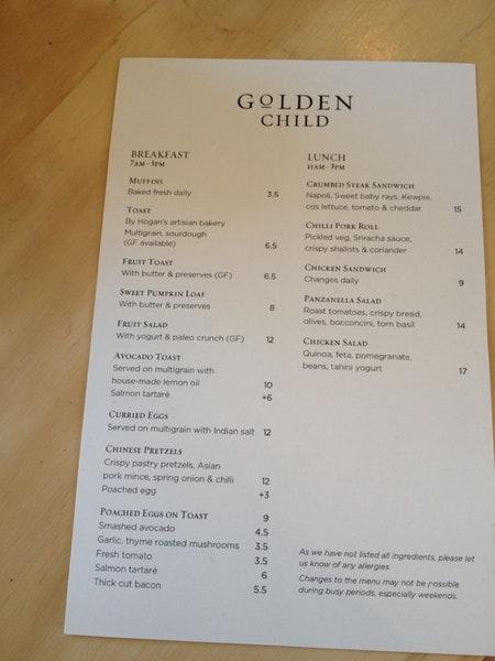 Menu at Golden Child Cafe, Glen Iris