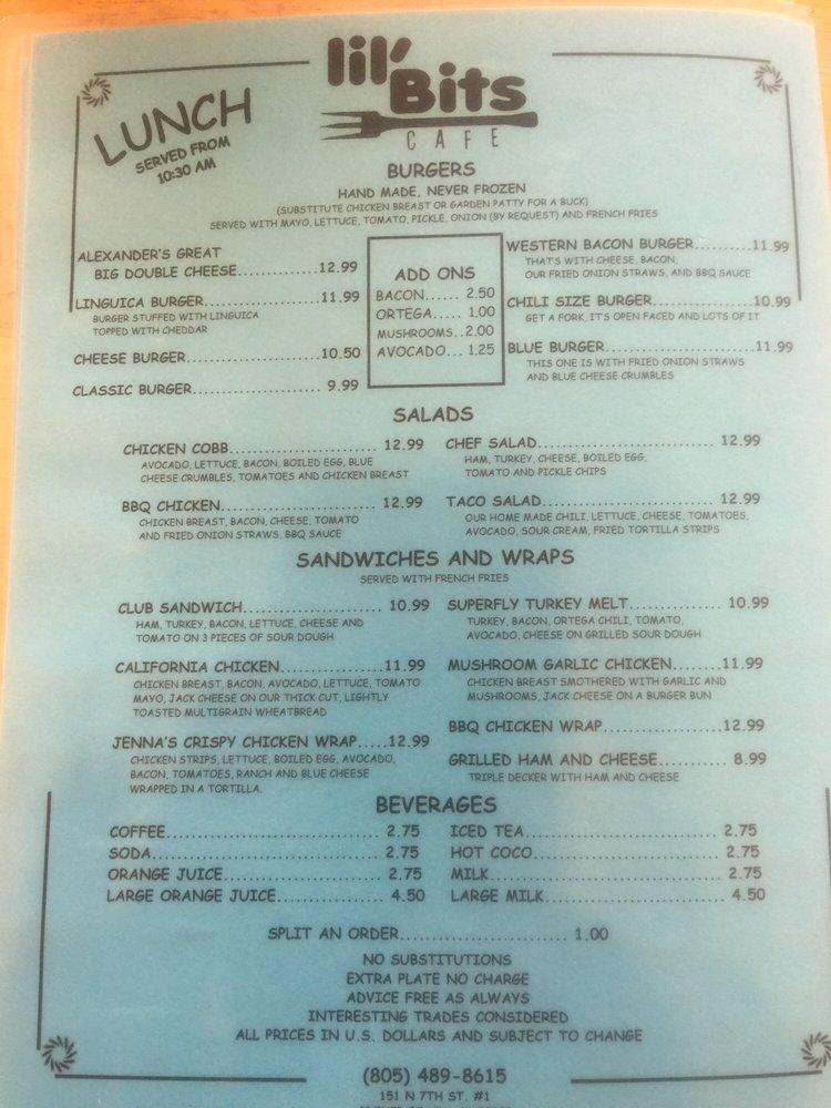 Menu at Lil' Bits Café restaurant, Grover Beach