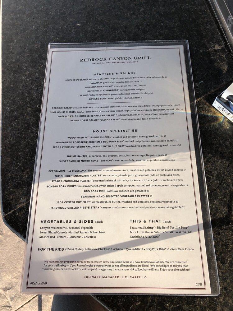 Menu at Redrock Canyon Grill restaurant, Oklahoma City