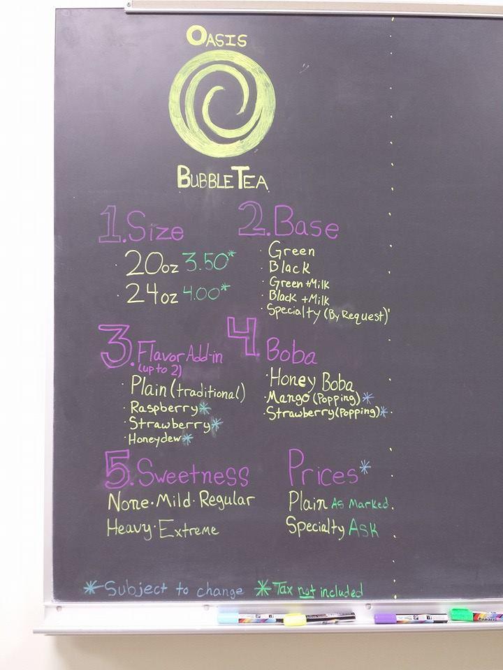 Menu at The Oasis Bubble Tea Lounge pub & bar, Kirksville