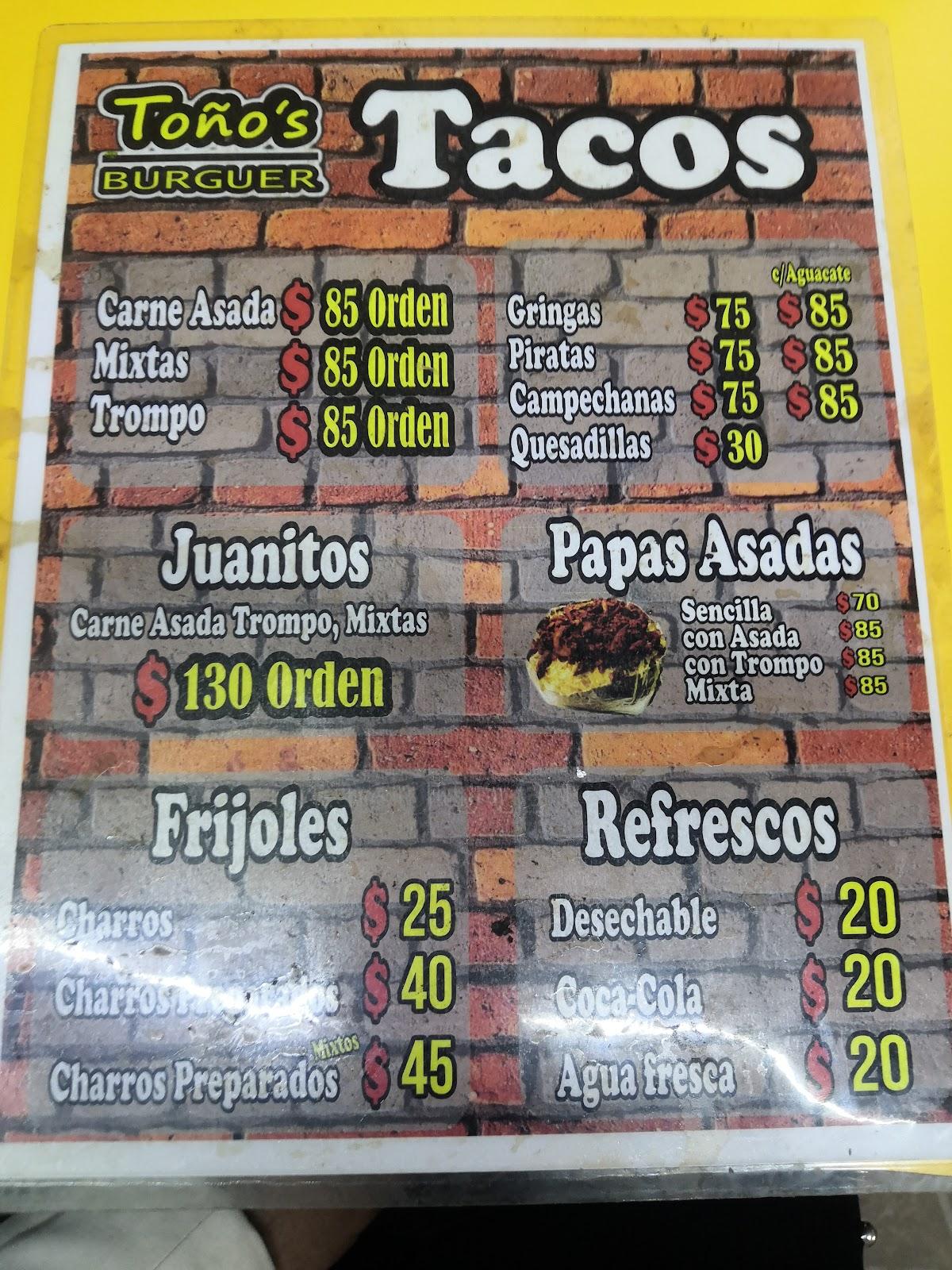 Carta del restaurante Toños Burguer, Monterrey