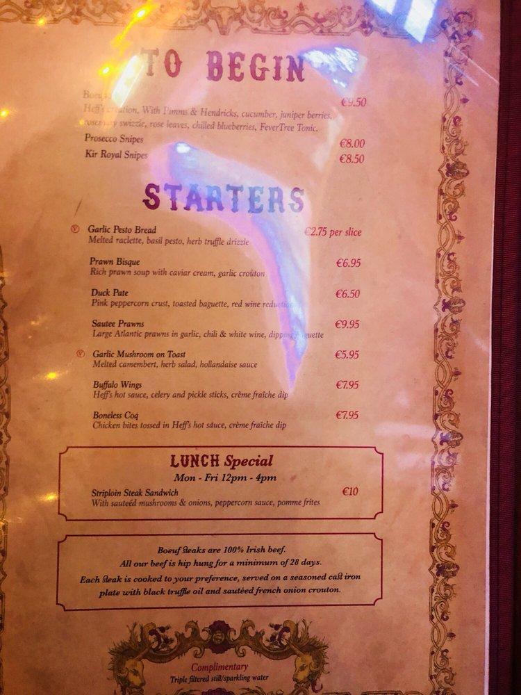 Menu at Boeuf steakhouse, Dublin
