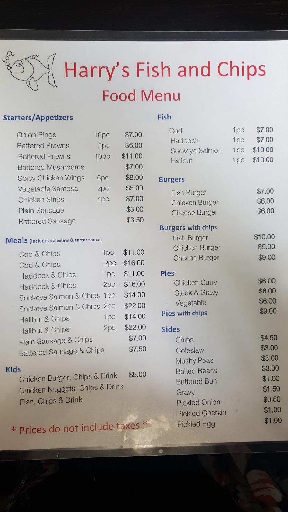 Menu at Harry’s Fish and Chips restaurant, Vernon
