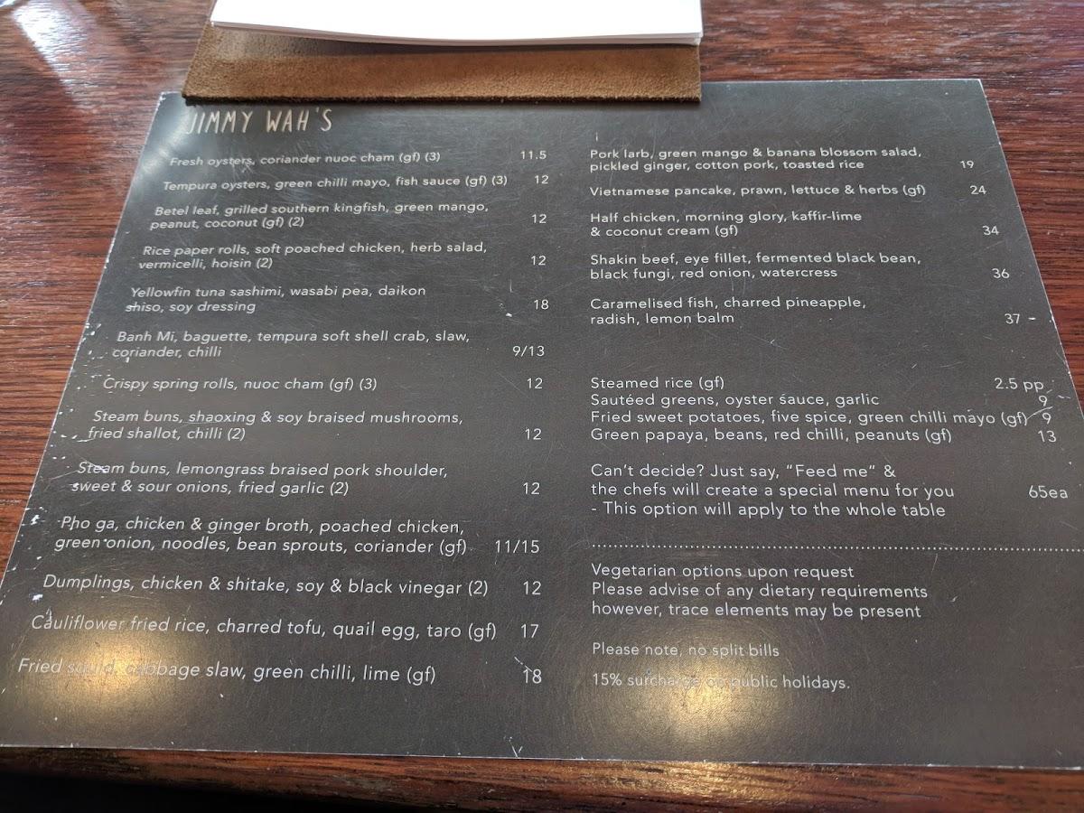 Carta del restaurante Jimmy Wah's, Burleigh Heads