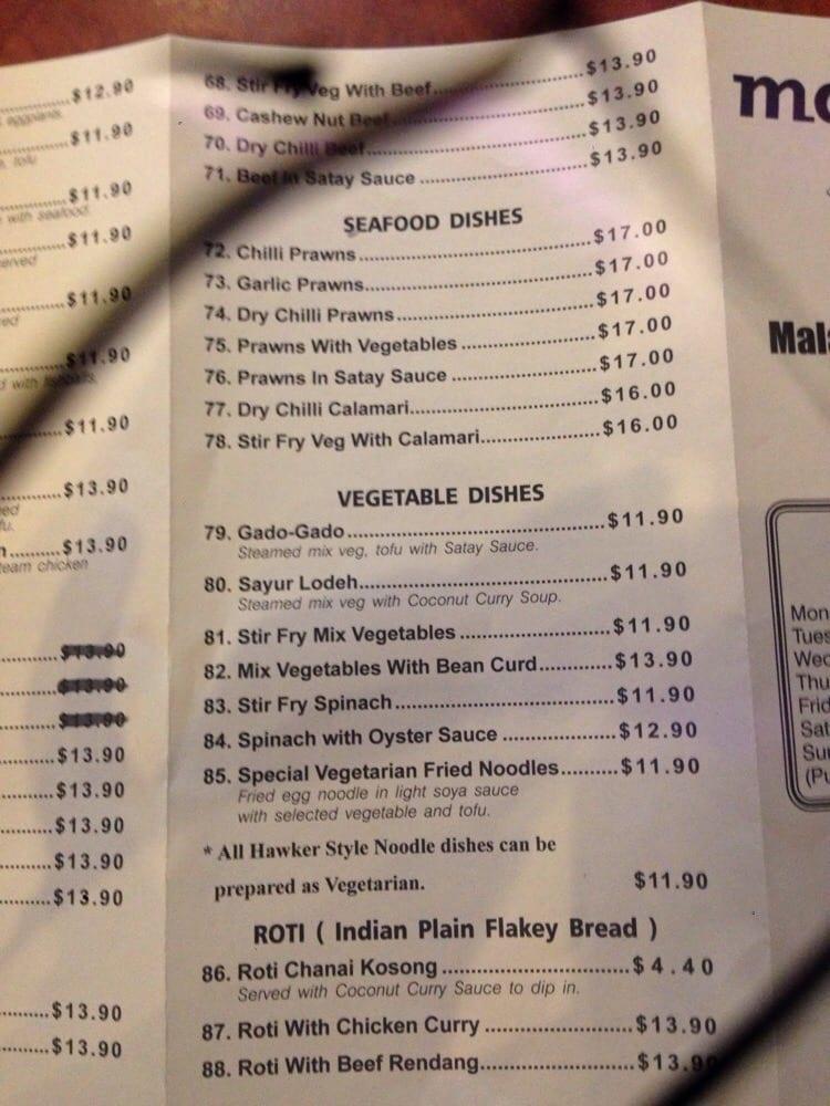 Menu at Malaymas restaurant, Fitzroy North