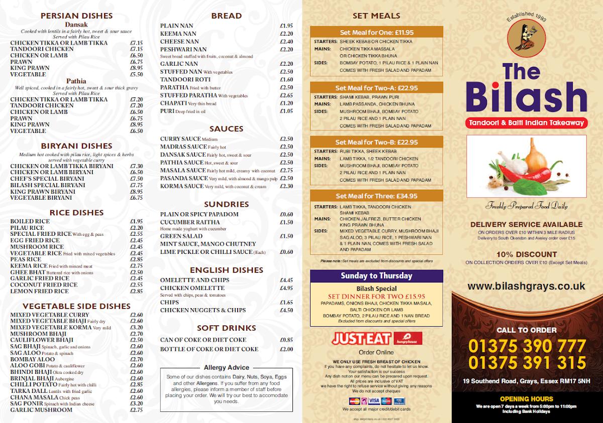 Menu at The Bilash fast food, Grays, 19 Southend Rd