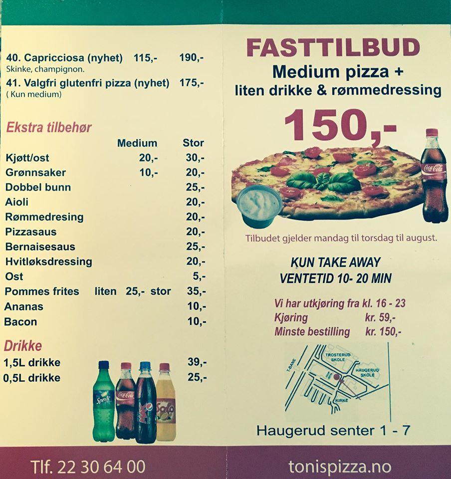 Menu at Toni's Pizza restaurant, Oslo, Haugerudsentret 1