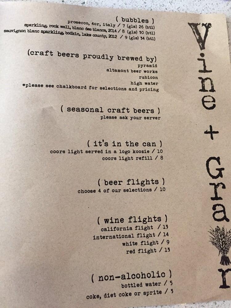 Menu at Vine and Grain pub & bar, Brentwood