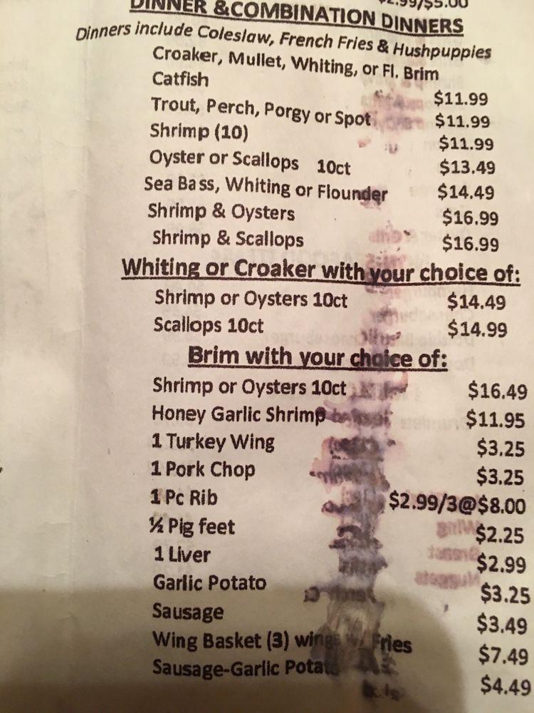Menu at Williams Seafood restaurant, Walterboro