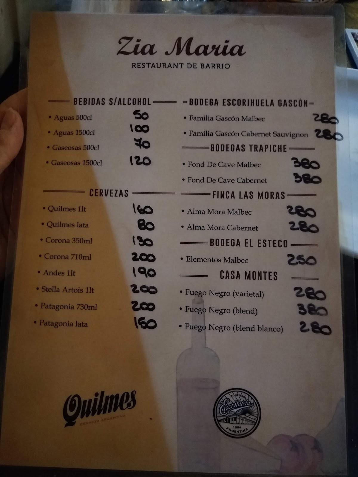 Menu at Zia MARIA restaurant, Mar del Plata