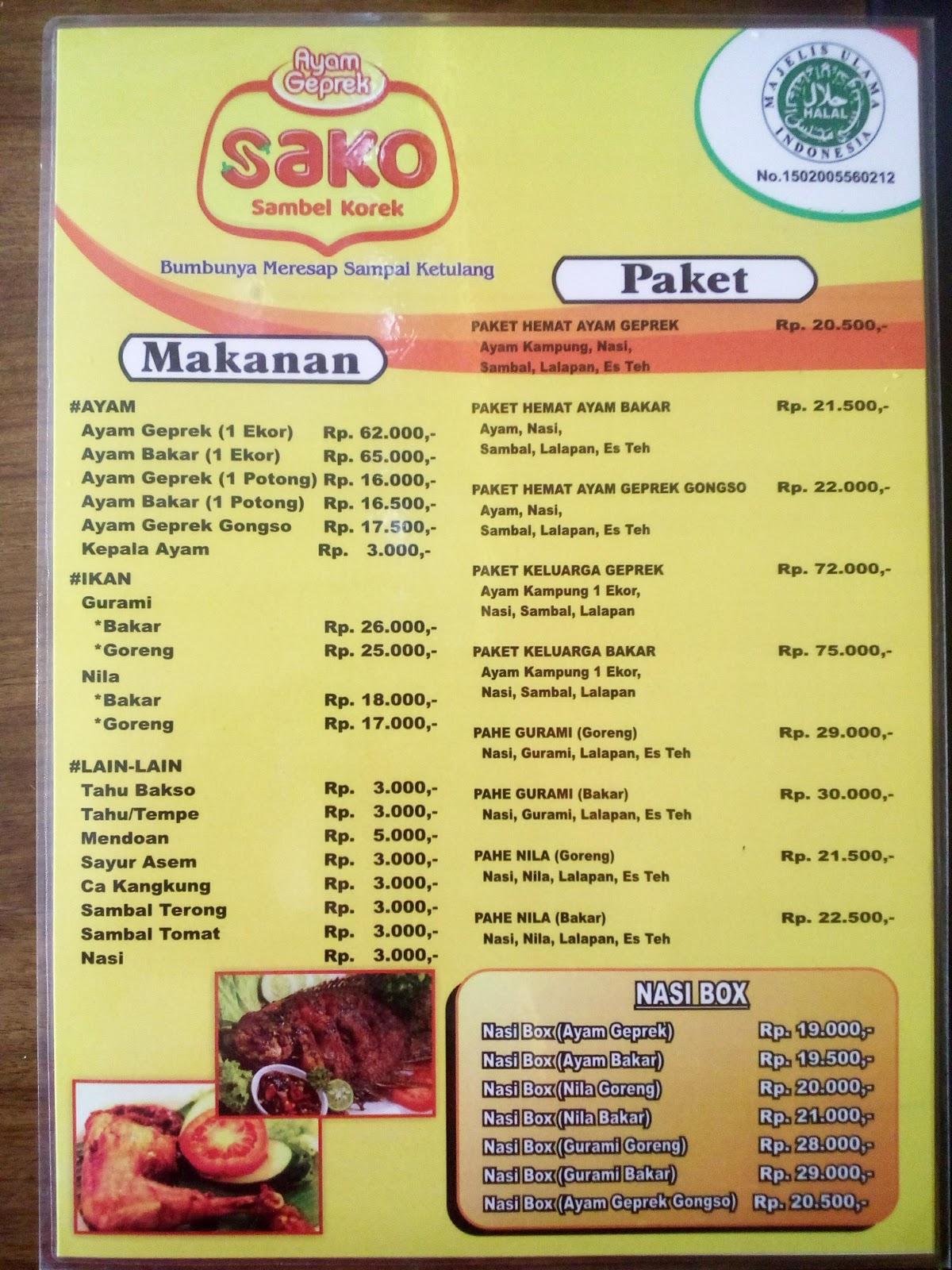Menu at ayam geprek jepon restaurant, Blora