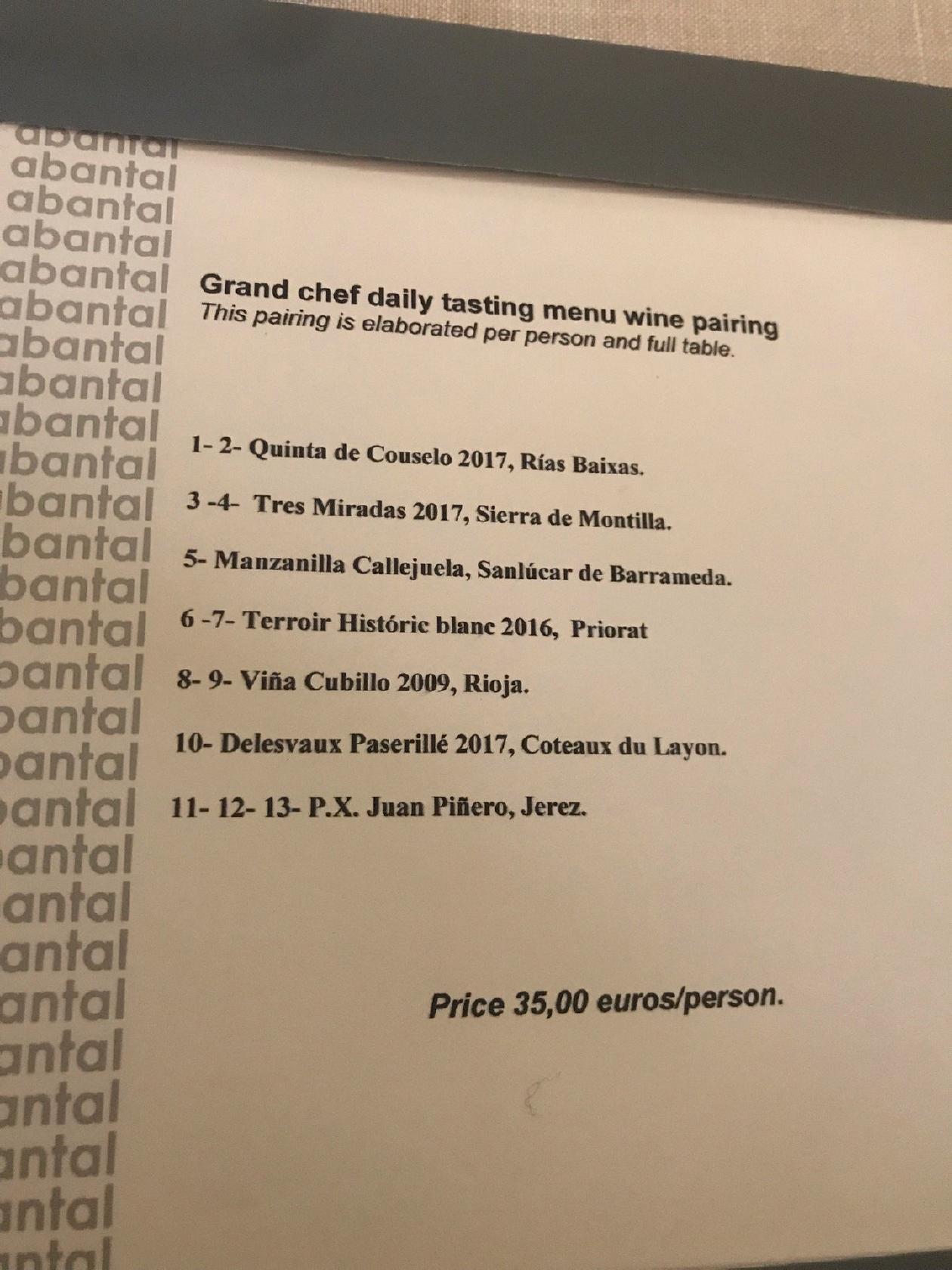Menu at Abantal restaurant, Seville