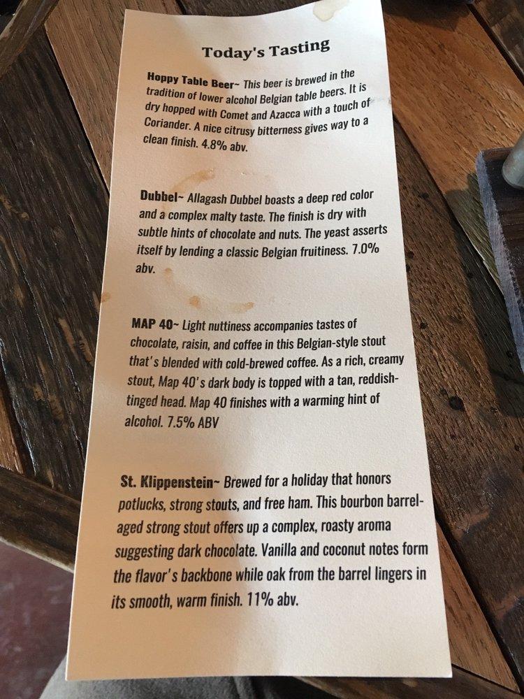 Menu at Allagash Brewing Company restaurant, Portland