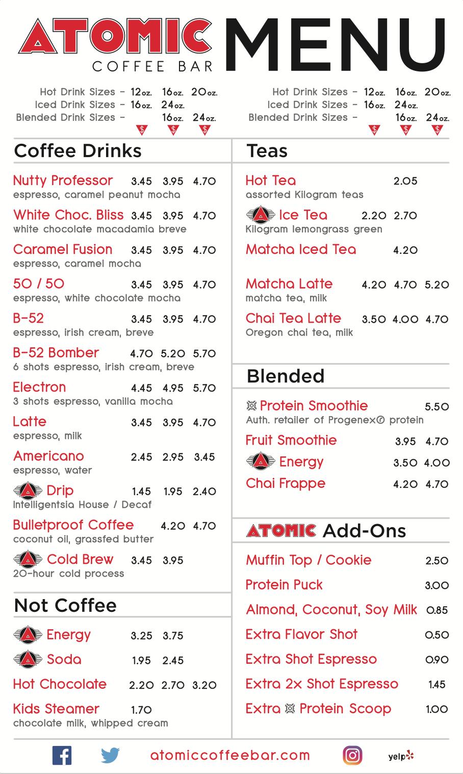 Menu at Atomic Coffee Bar, Bettendorf
