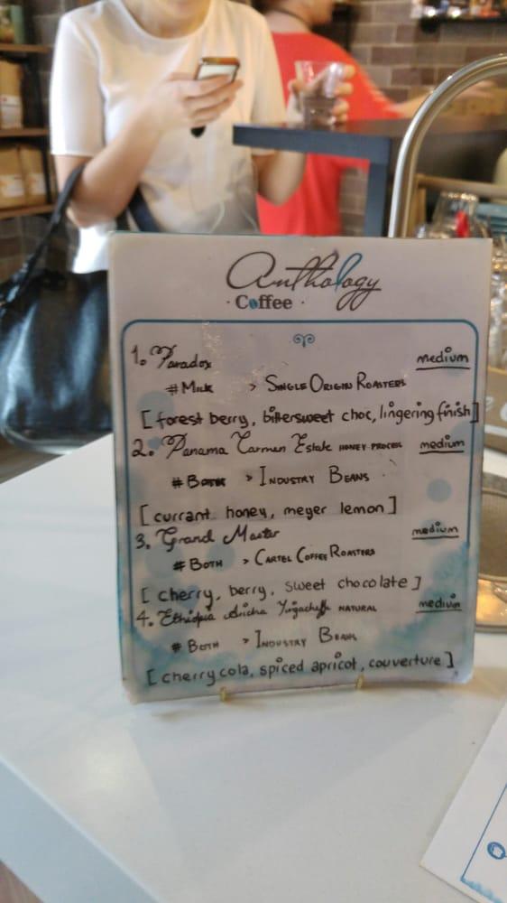 Menu at Coffee Anthology cafe, Brisbane City, 155 Charlotte St