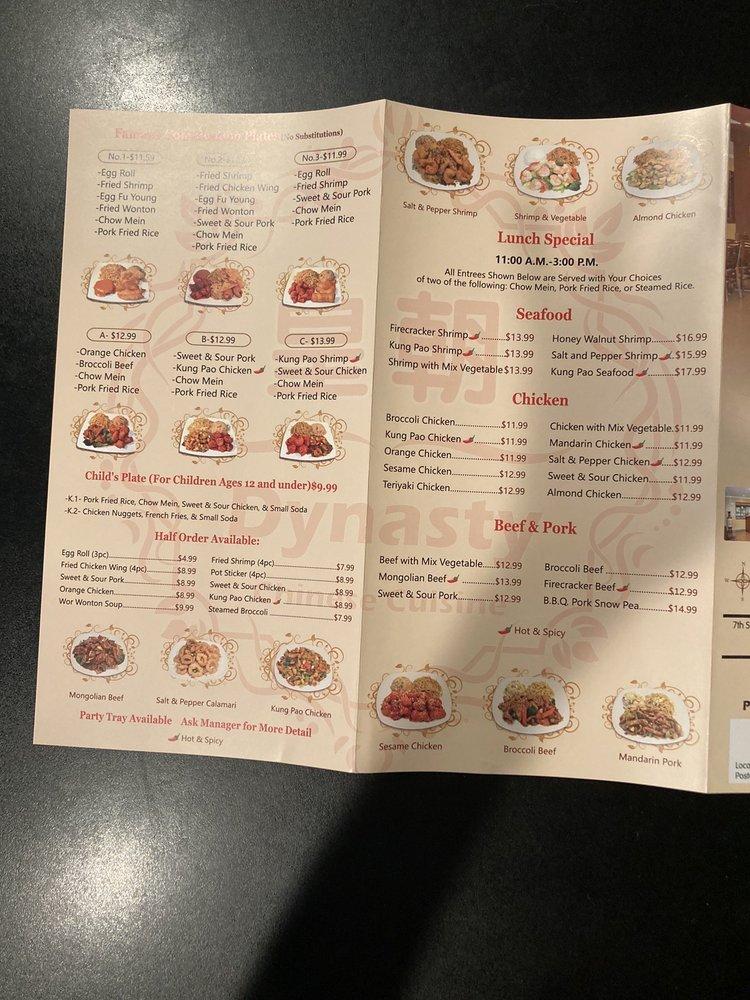 Menu at Dynasty Chinese Cuisine restaurant, Hanford