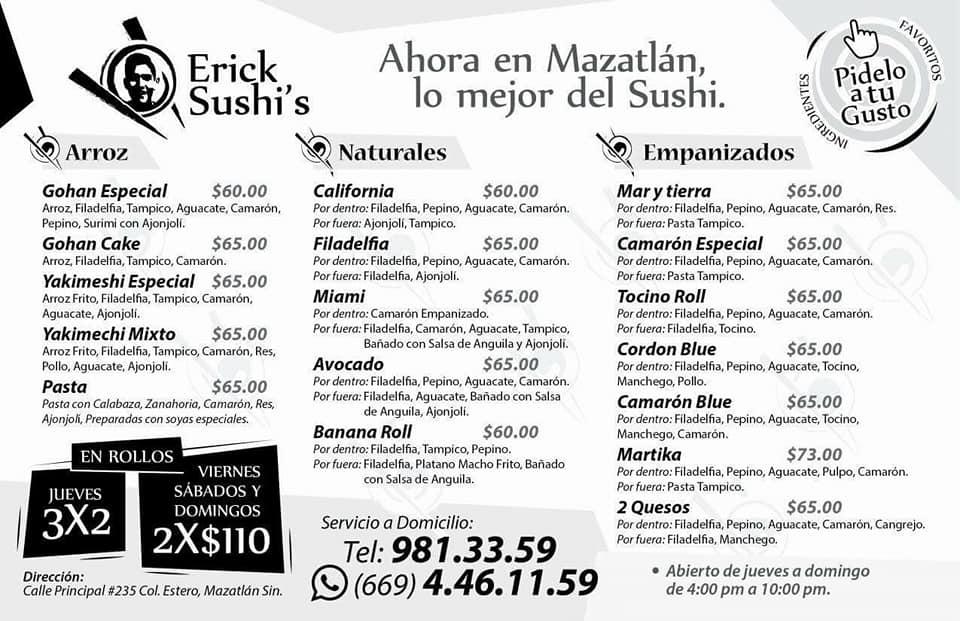 Menu at Erick Sushi's restaurant, Mazatlán