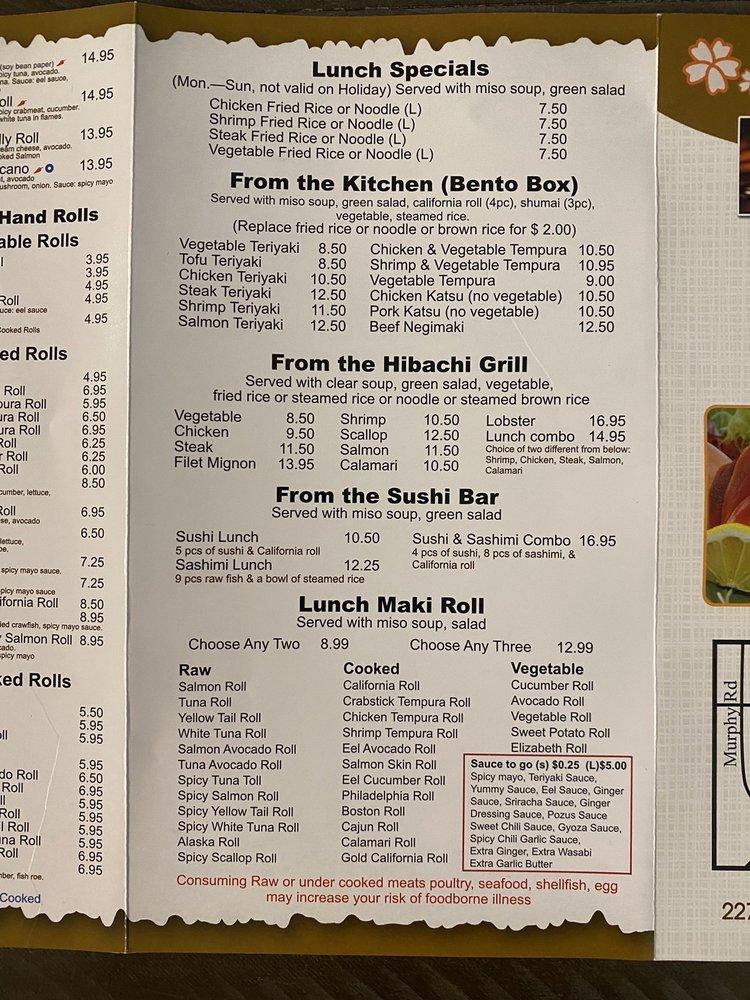 Menu at Hanashi Hibachi and Sushi restaurant, Murphy