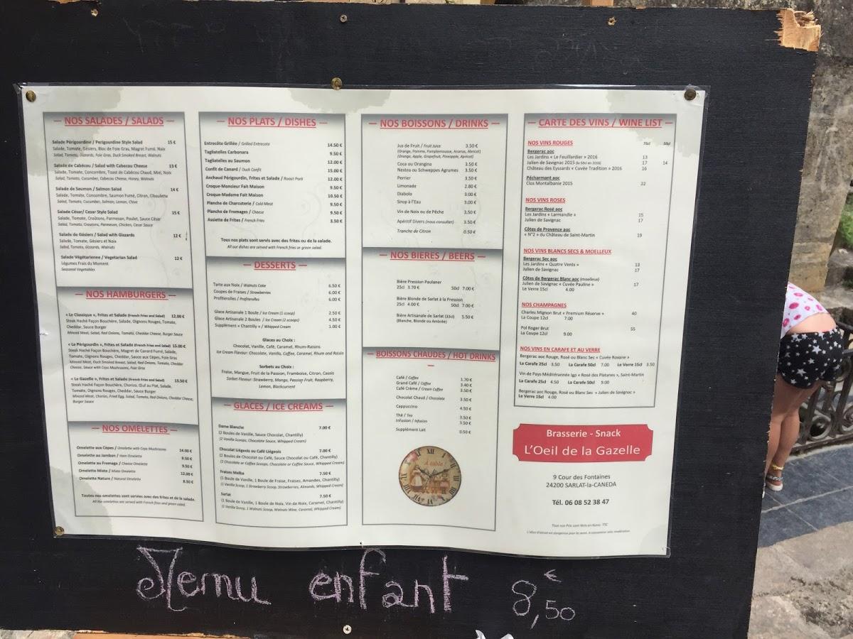 Menu at L'Oeil de la Gazelle restaurant, Sarlat-la-Canéda