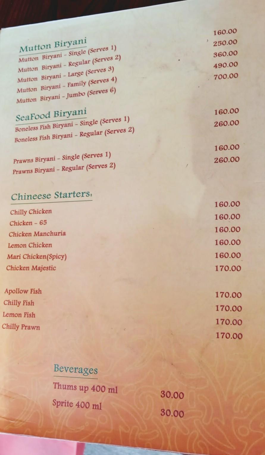Menu at Master's Biryani, India