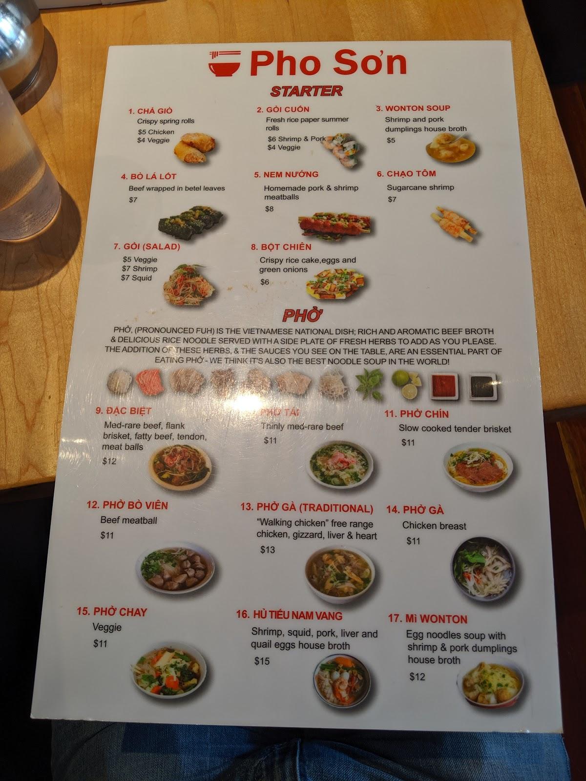 Menu at Pho Son restaurant, Burlington