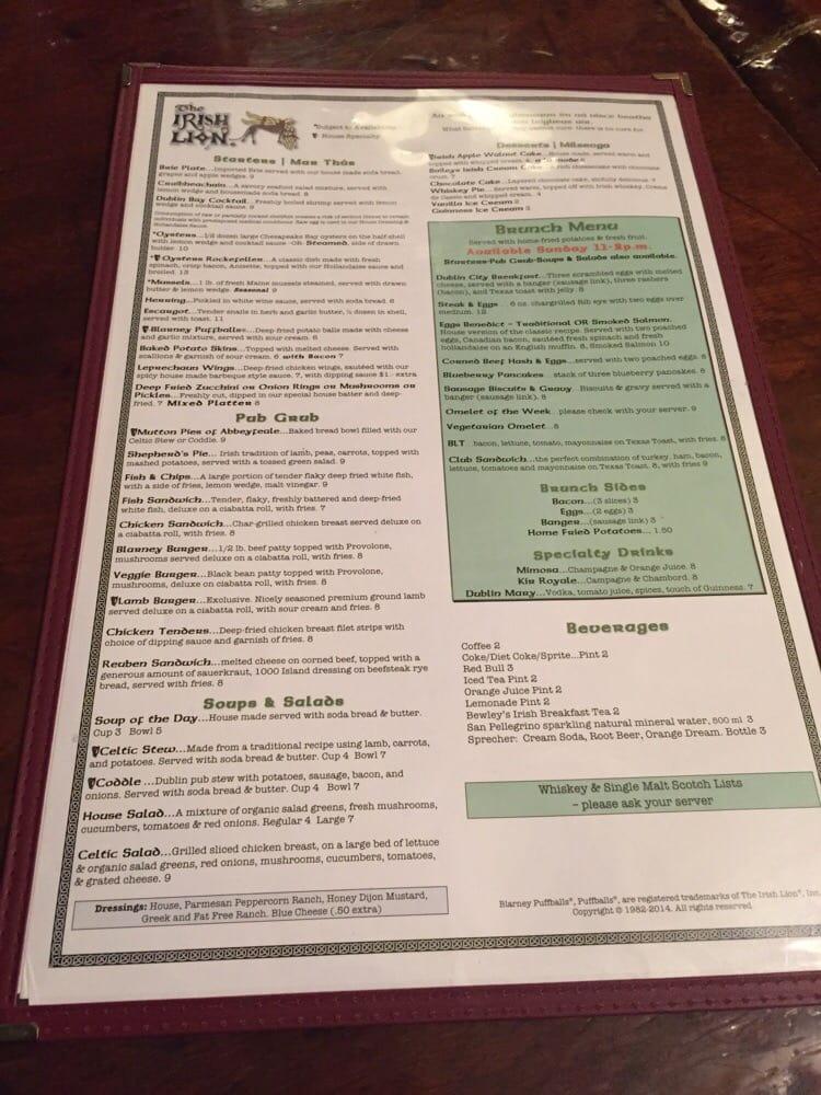 Menu at The Irish Lion Restaurant & Pub, Bloomington