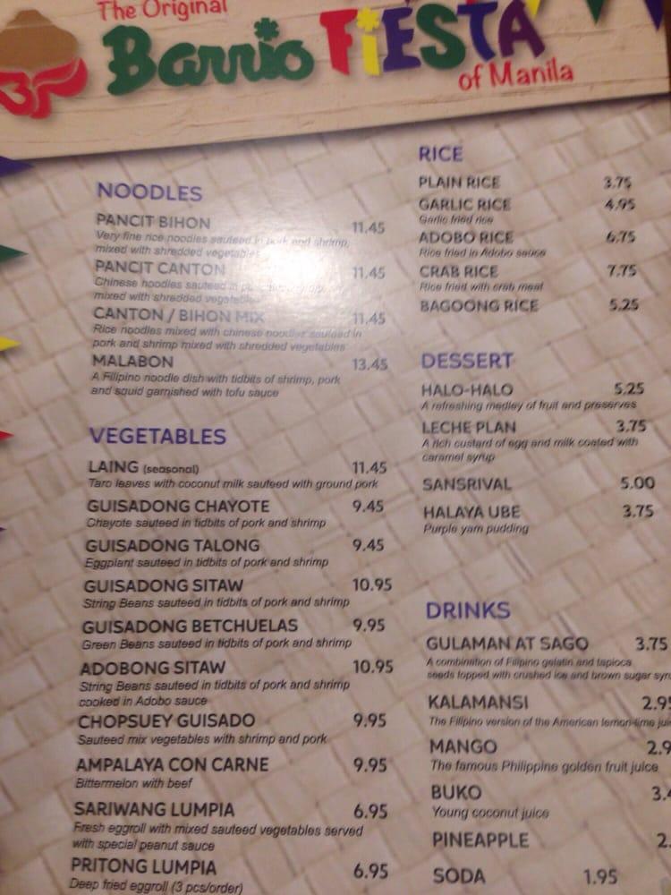 Menu at The Original Barrio Fiesta of Manila, Los Angeles, Nordhoff St